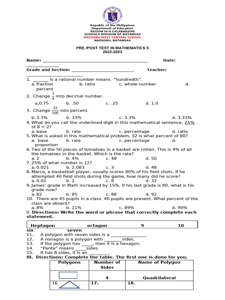 Math Diagnostic Test | PDF | Percentage | Numbers