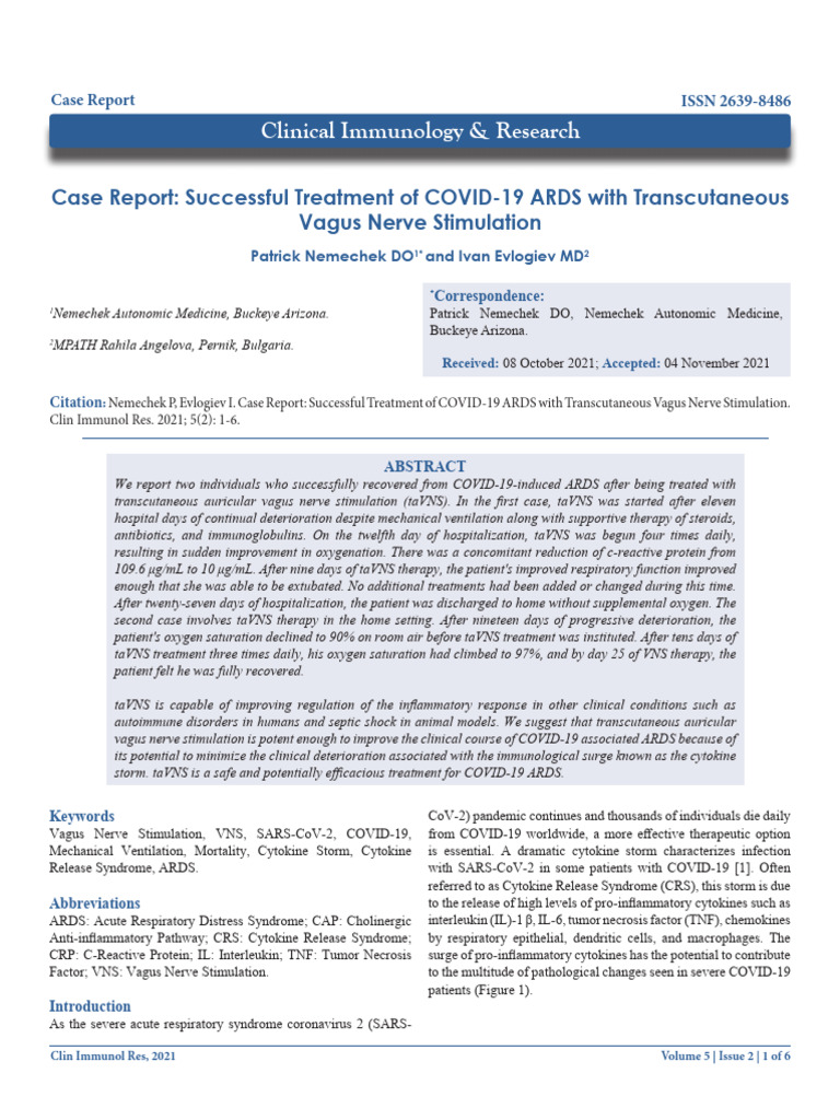 Case Report Successful Treatment of Covid19 Ards With Transcutaneous Vagus Nerve Stimulation ...