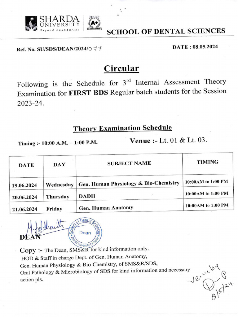 3rd Internal Asst. Examination Schedule of BDS 1st Year | PDF