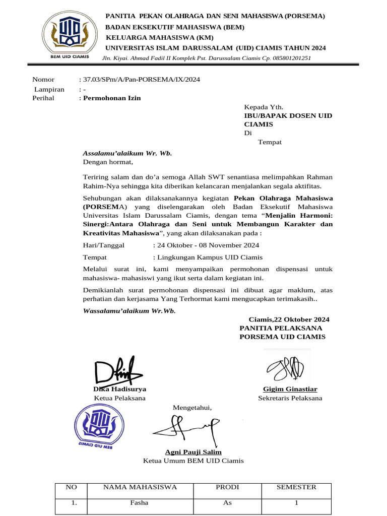Permohonan Izin PORSEMA UID Ciamis 2024 | PDF