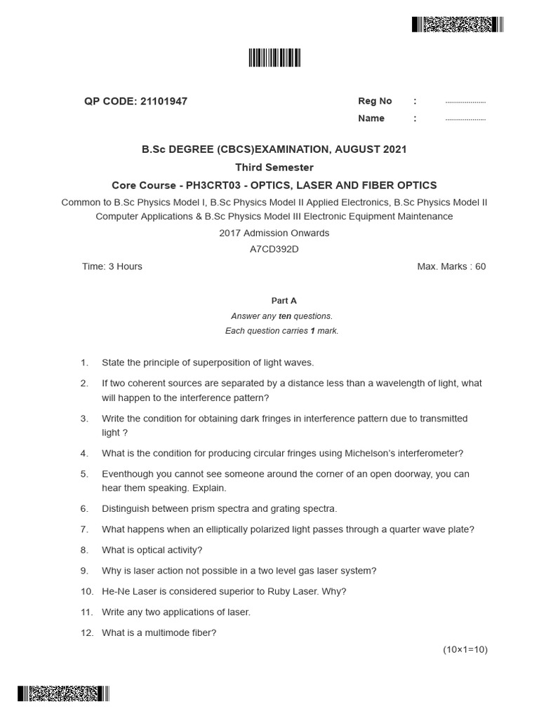QP CODE: 21101947: Reg No: Name | PDF | Optics | Optical Fiber