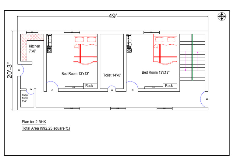 Kitchen 7'x6': Total Area (992.25 Square FT.) Plan For 2 BHK | PDF