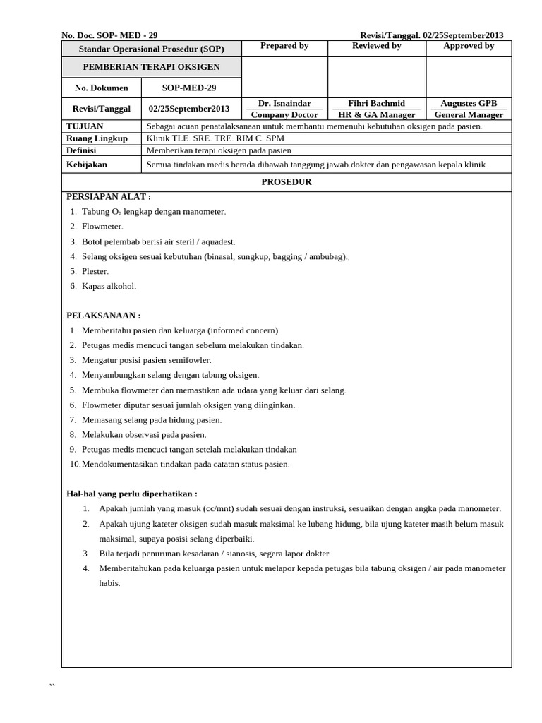 SOP MEDICAL 29 - Pemberian Terapi Oksigen | PDF