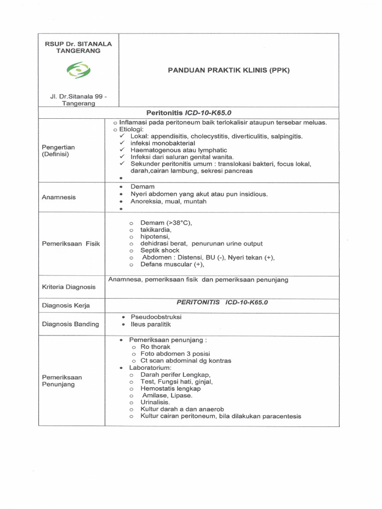 PANDUAN PRAKTIK KLININS (PPK) Peritonitis ICD-10-K65.0 | PDF