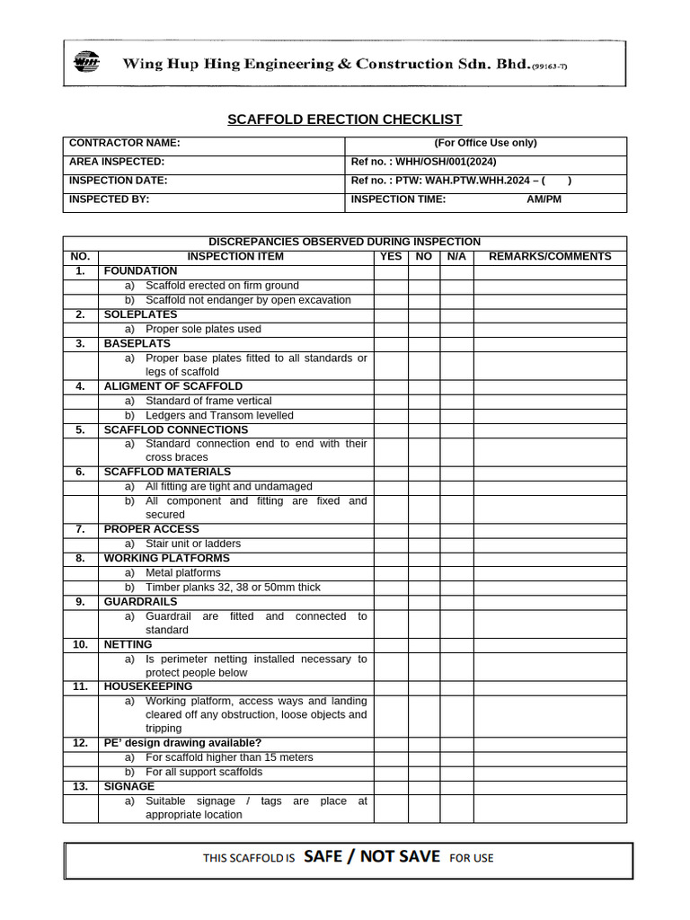 WHH Scaffold Checklist | PDF | Technology & Engineering