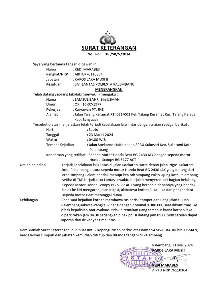 Surat Keterangan Polisi Kehilangan | PDF