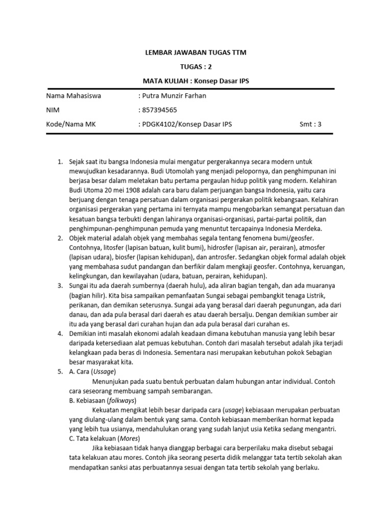 LEMBAR JAWABAN TUGAS TTM - Konsep Dasar Ips 2 | PDF