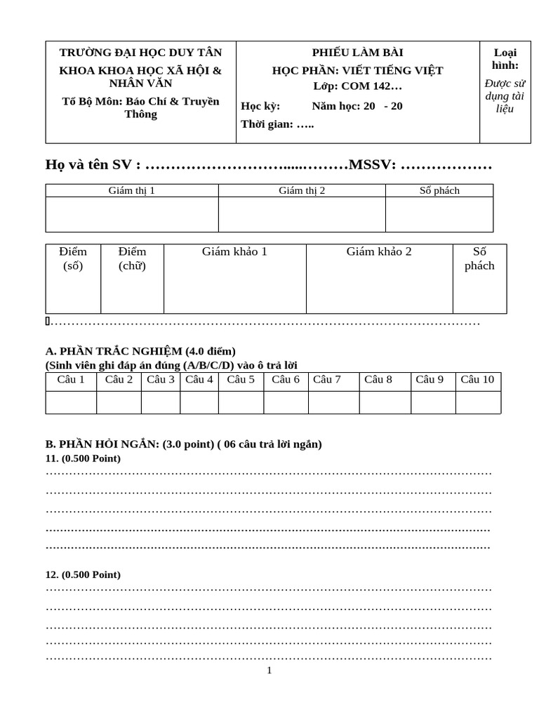 Mau Phieu Kiem Tra Cuoi Ky Mon Viet TV | PDF