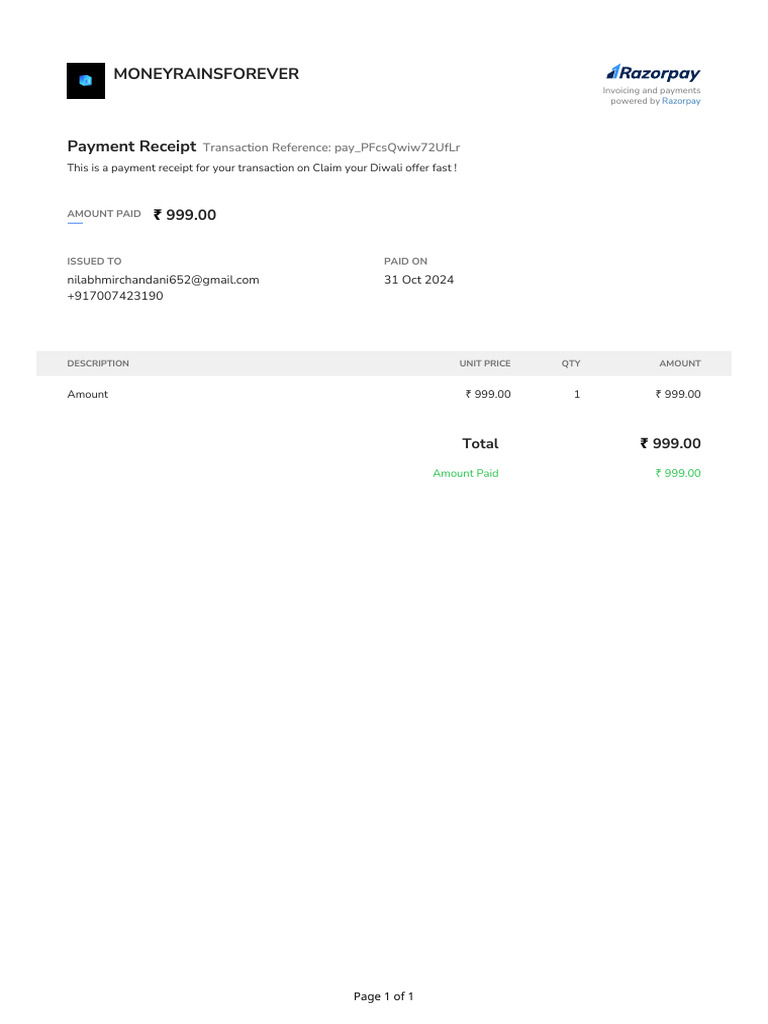 Receipt Pay - PFcsQwiw72UfLr From Forex India (Paid) | PDF