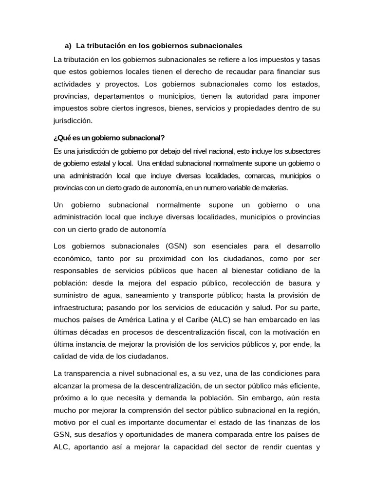 La Tributación En Los Gobiernos Subnacionales Pdf Impuestos Economias