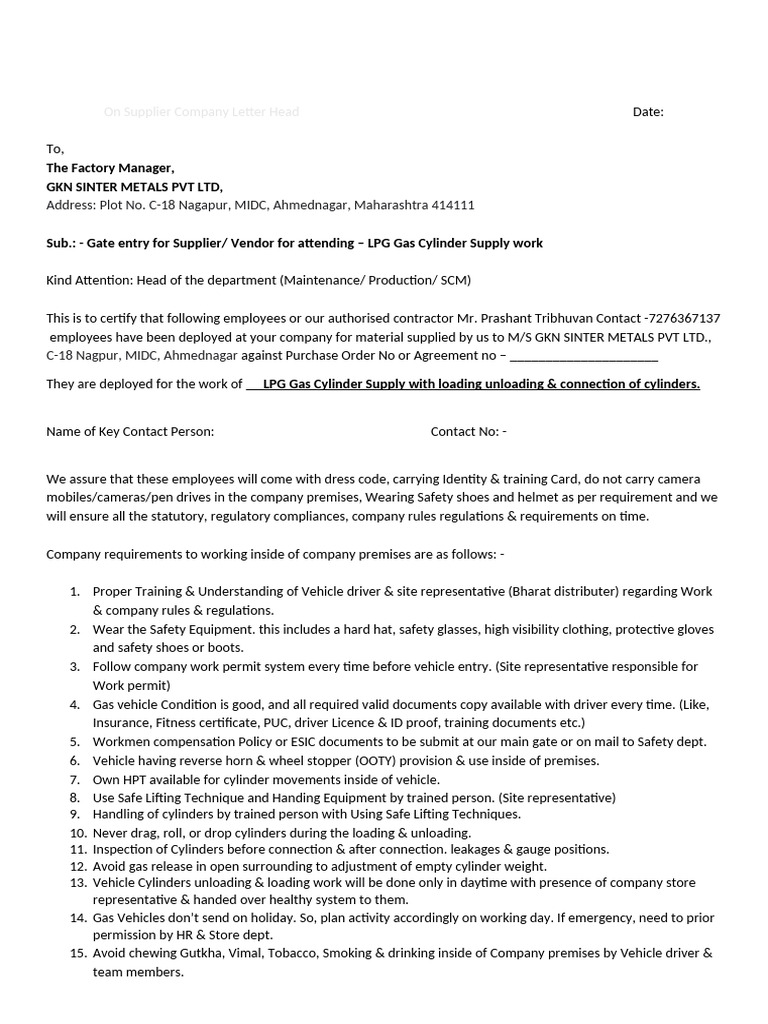 Gate Entry Pass Format For Vendor Supplier | PDF