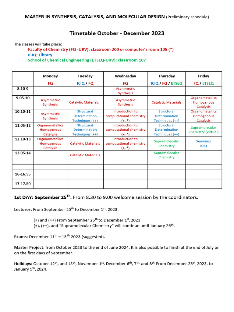 Master Synthesis URV Timetable | PDF | Supramolecular Chemistry | Organic Synthesis