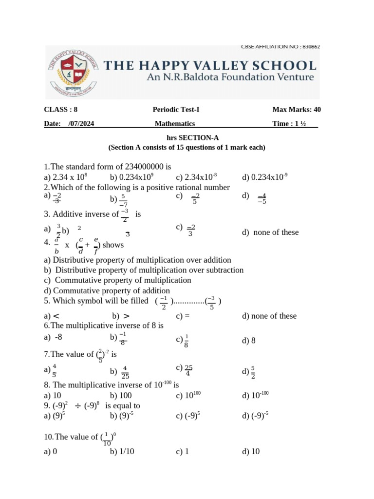 Reexam For Class 8maths | PDF | Multiplication | Algebra
