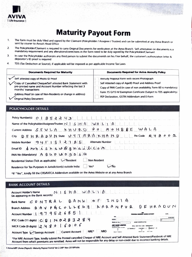 Aviva Life Insurance Maturity Payout Form | PDF | Insurance | Financial ...