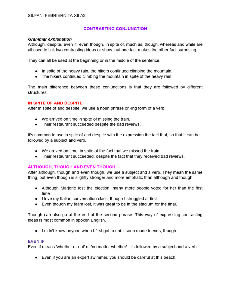 Contrasting Conjunction | PDF | Verb | Subject (Grammar)