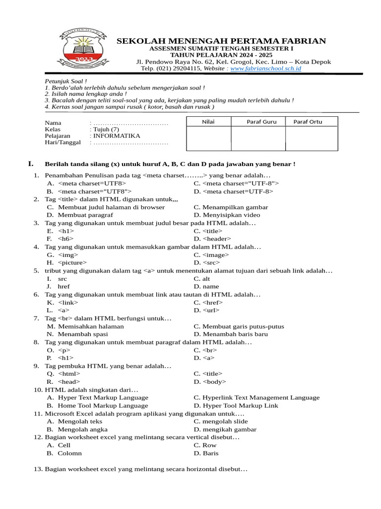Ujian Informatika Kelas 7 SMP Fabrian | PDF
