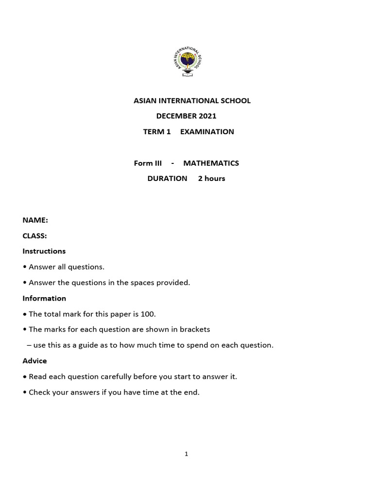 Form 3 December 2021 - Mathematics | PDF