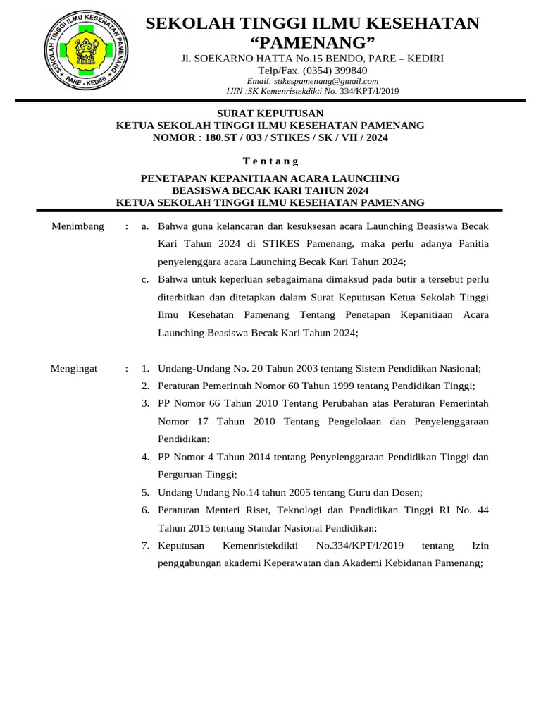 SK Panitia Launching Becak Kari 2024 | PDF