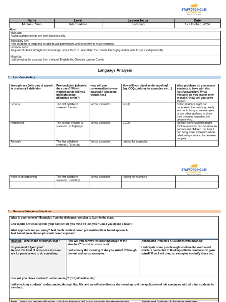 CELTA Lesson Plan 1 Assessed | PDF | Semantics | Verb