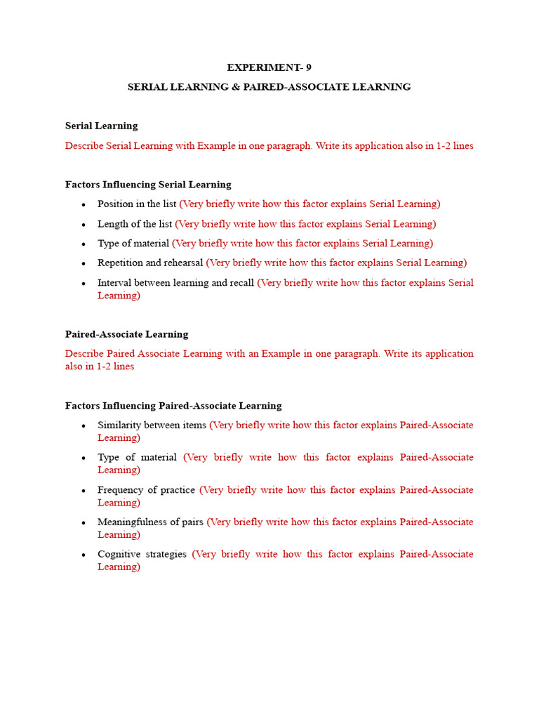 Experiment 9 Record Format | PDF | Learning | Recall (Memory)