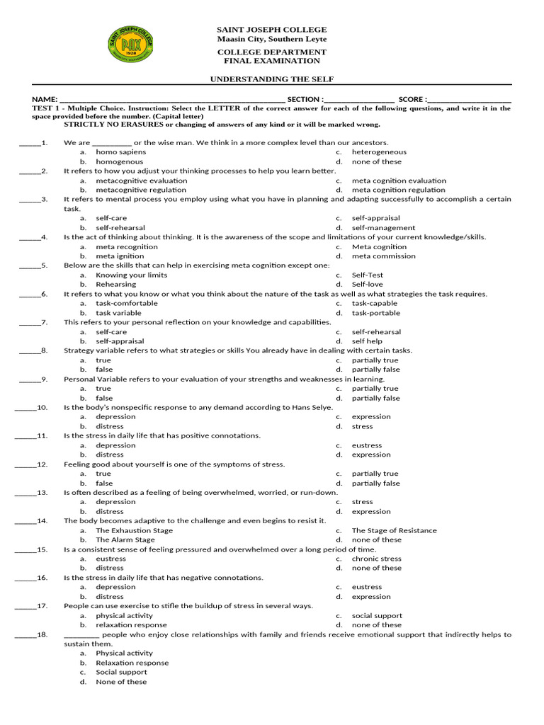 UTS FINAL EXAM REAL Duplo | PDF | Stress (Biology) | Metacognition