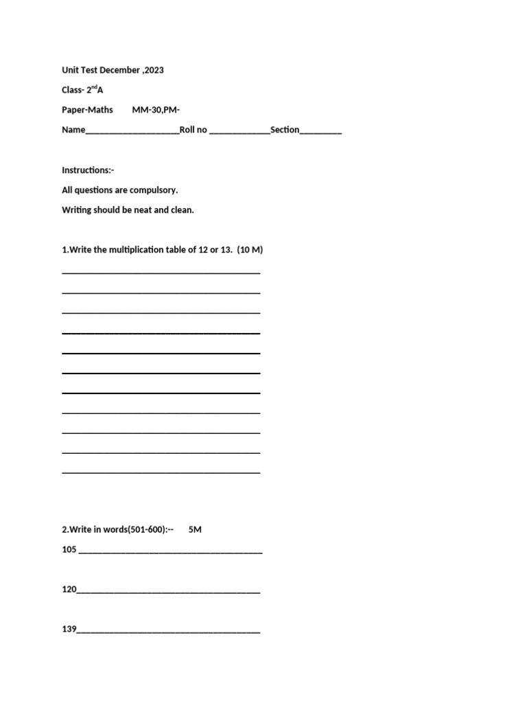 December 2023 Class 2 Maths Unit Test | PDF | Teaching Methods ...