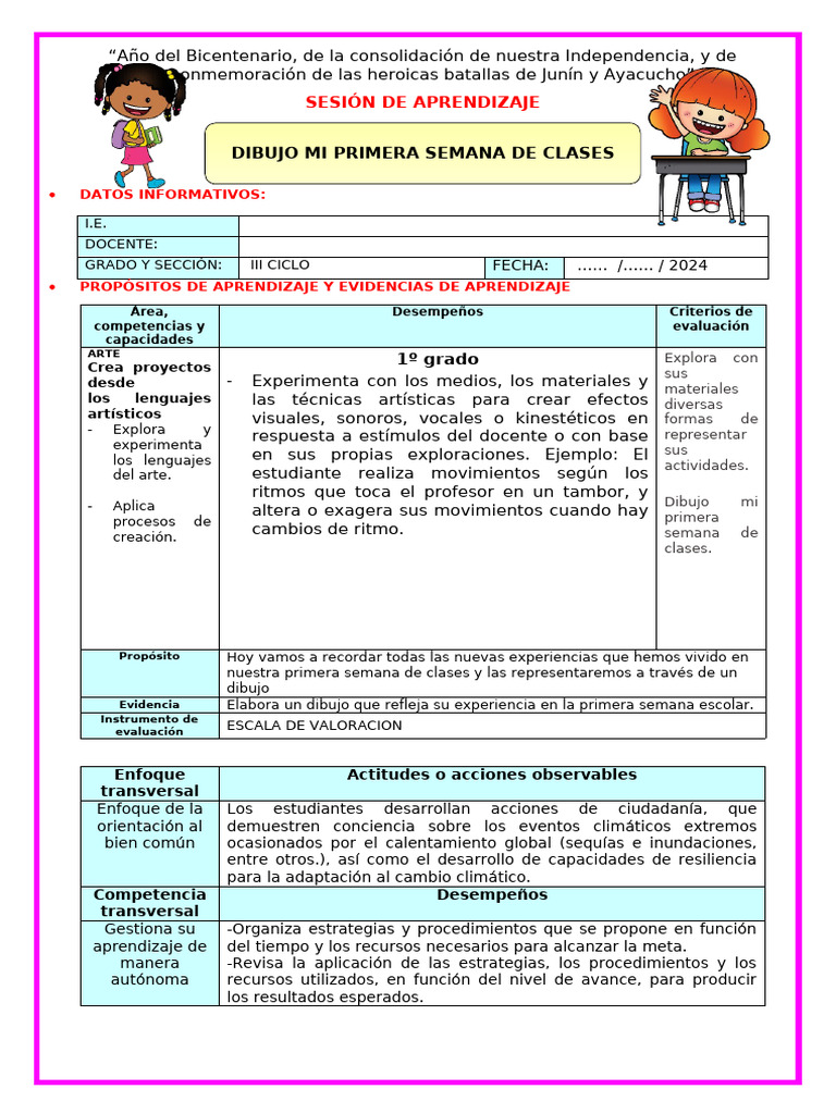 1º U1 s1 Sesion d5 Arte Mi Primera Semana de Clases | PDF | Aprendizaje ...