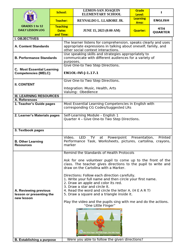 One-to-Two Step Directions Lesson Plan | PDF | Learning | Behavior ...