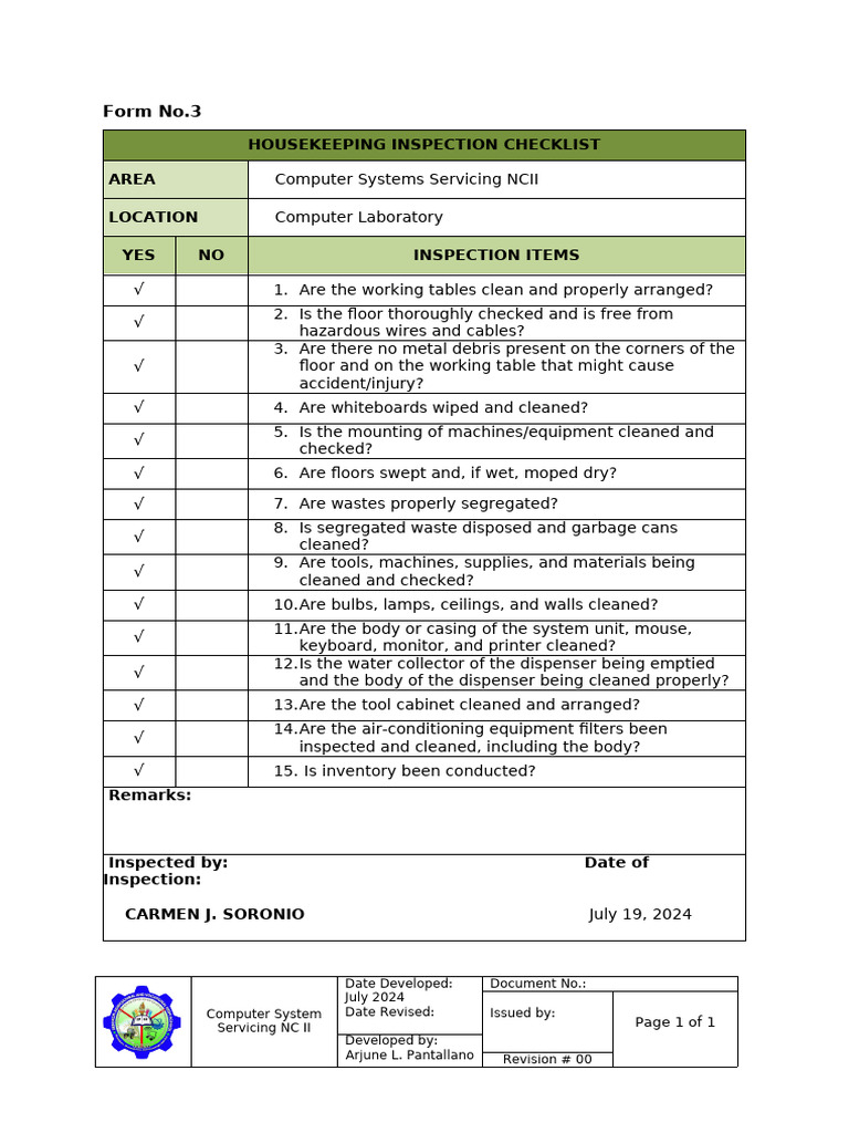 Form 3 - Housekeeping Inspection Checklist - ALPantallano | PDF