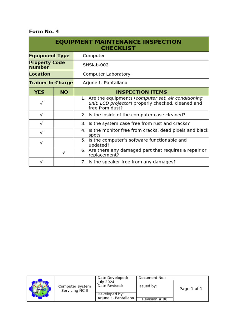 Form 4 - Equipment Maintenance Inpection Checklist - ALPantallano | PDF ...