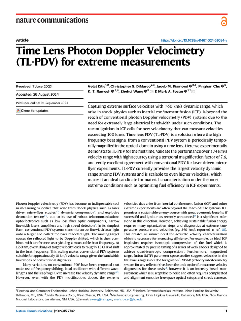 Time Lens Photon Doppler Velocimetry (TL-PDV) For Extreme Measurements ...