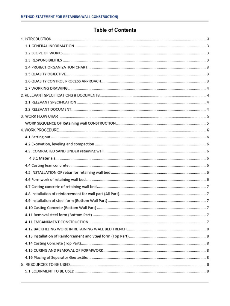 Metod Statement For Retaining Wall | PDF | Concrete | Civil Engineering