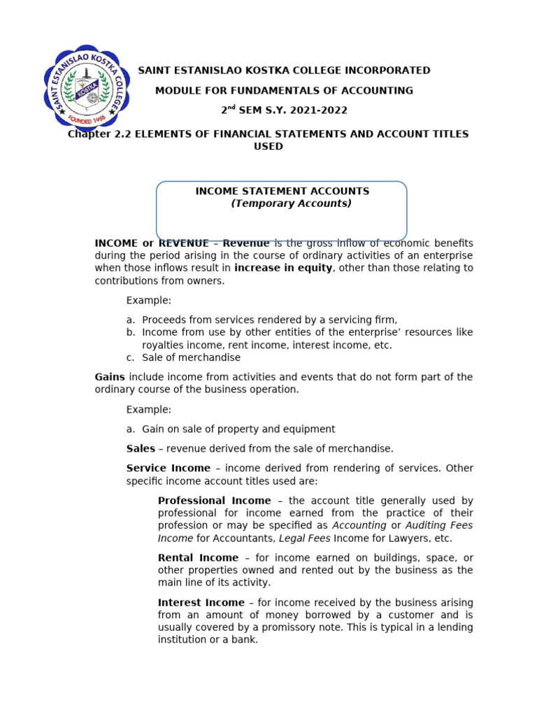 Chapter 2.2 Elements of Financial Statements and Account Titles Used ...