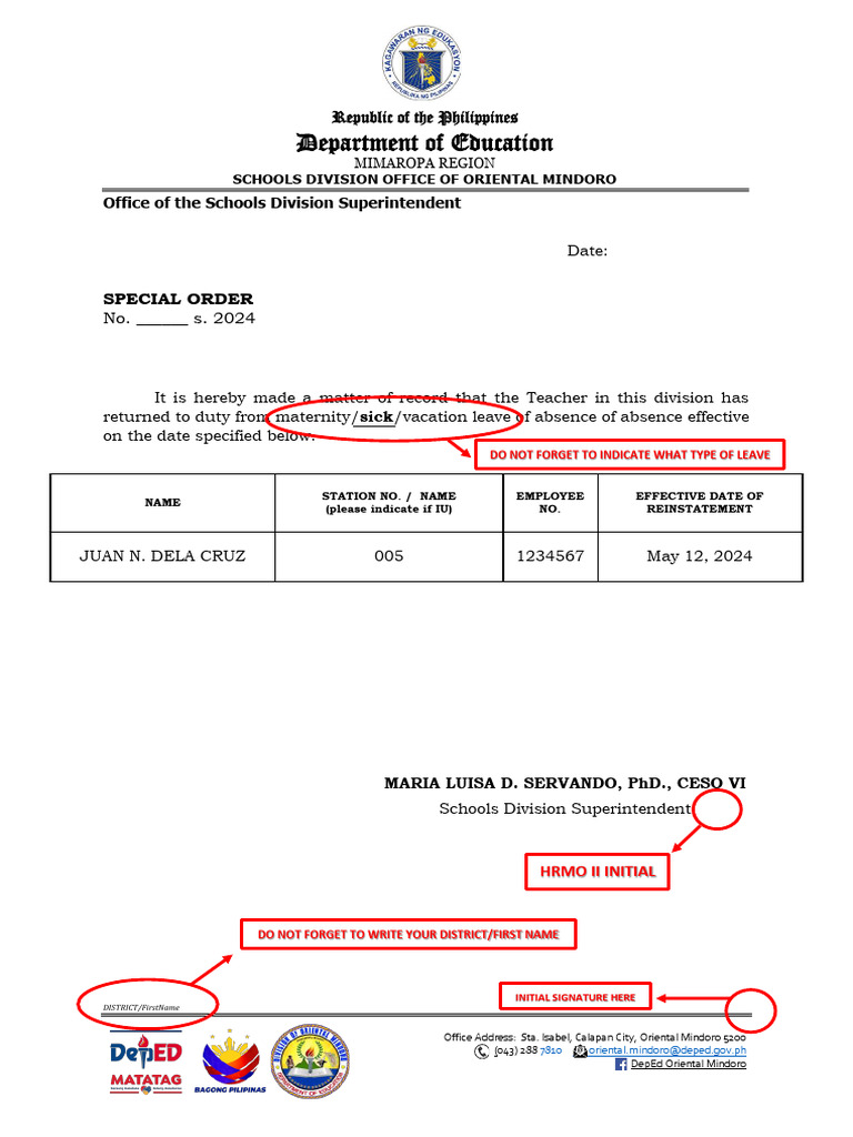 Reinstatement Template 2024 | PDF | Leave Of Absence