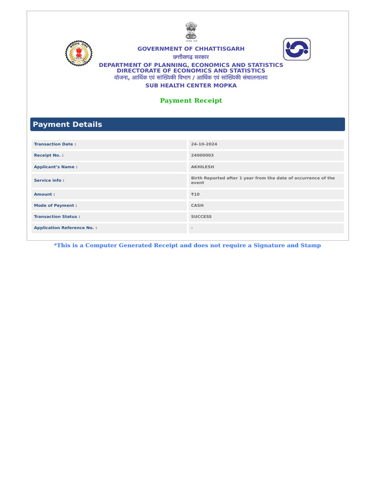 Receipt #24000003 BIRTH | PDF