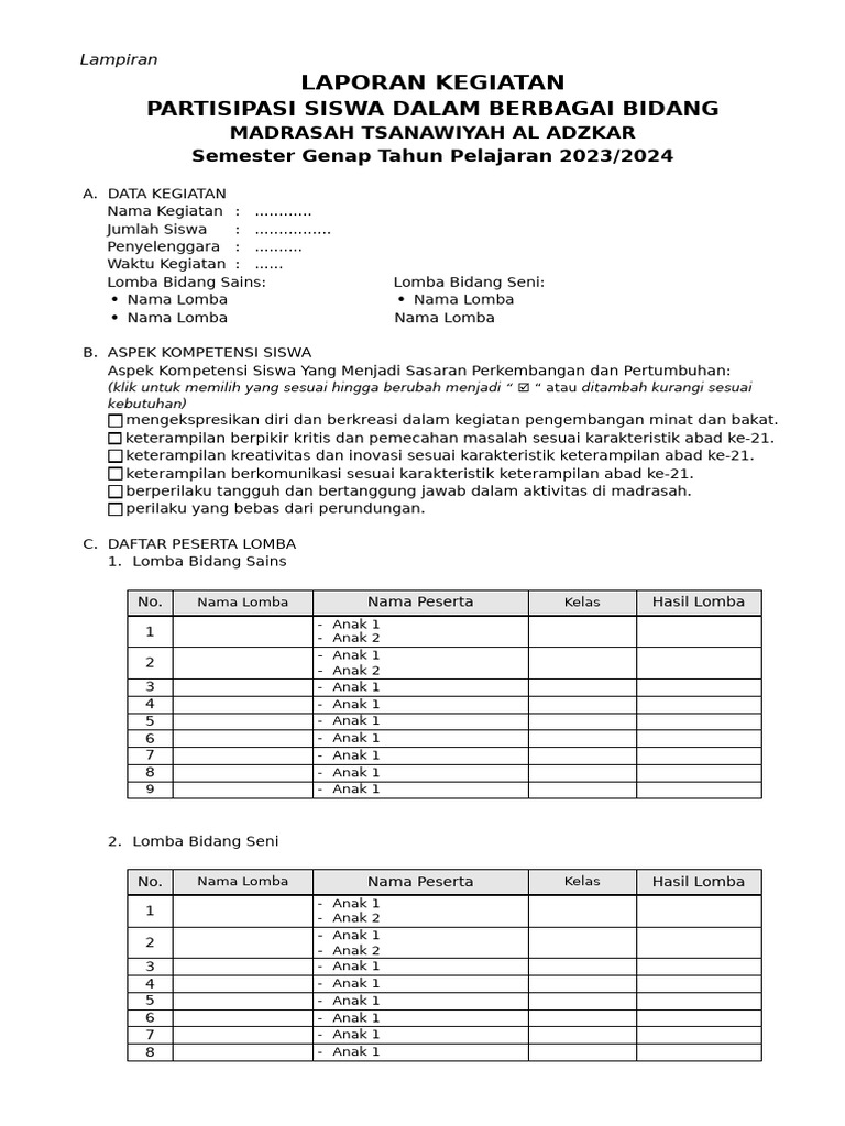 Laporan Kegiatan Lomba Siswa MTs Al Adzkar | PDF | Griya & Taman
