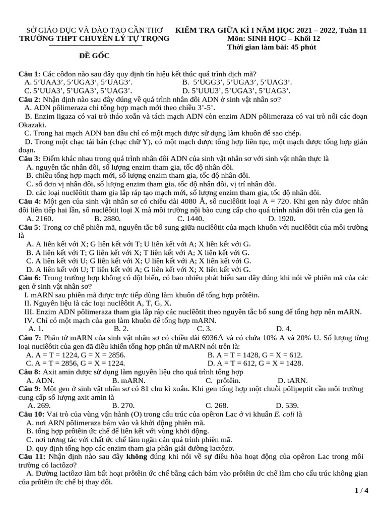 3-De Goc Sinh 12 - GKI - 21-22 Final | PDF