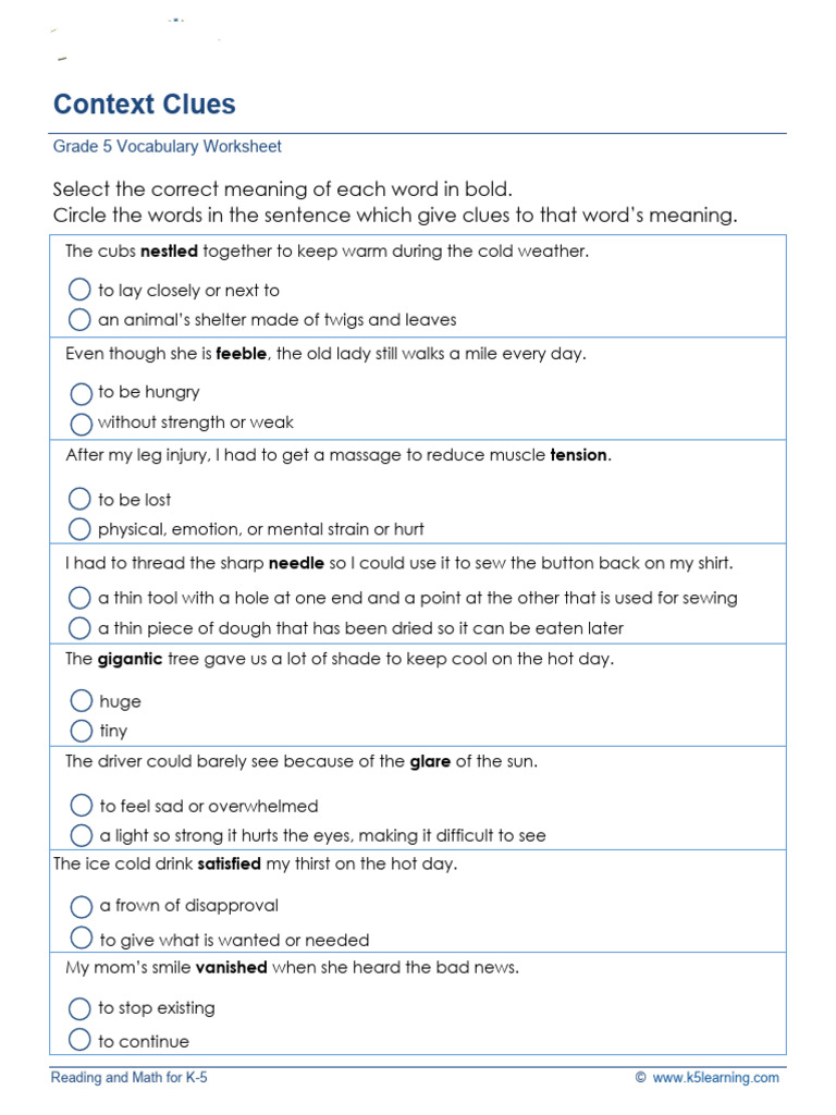 Vocabulary Context Clues Worksheet | PDF