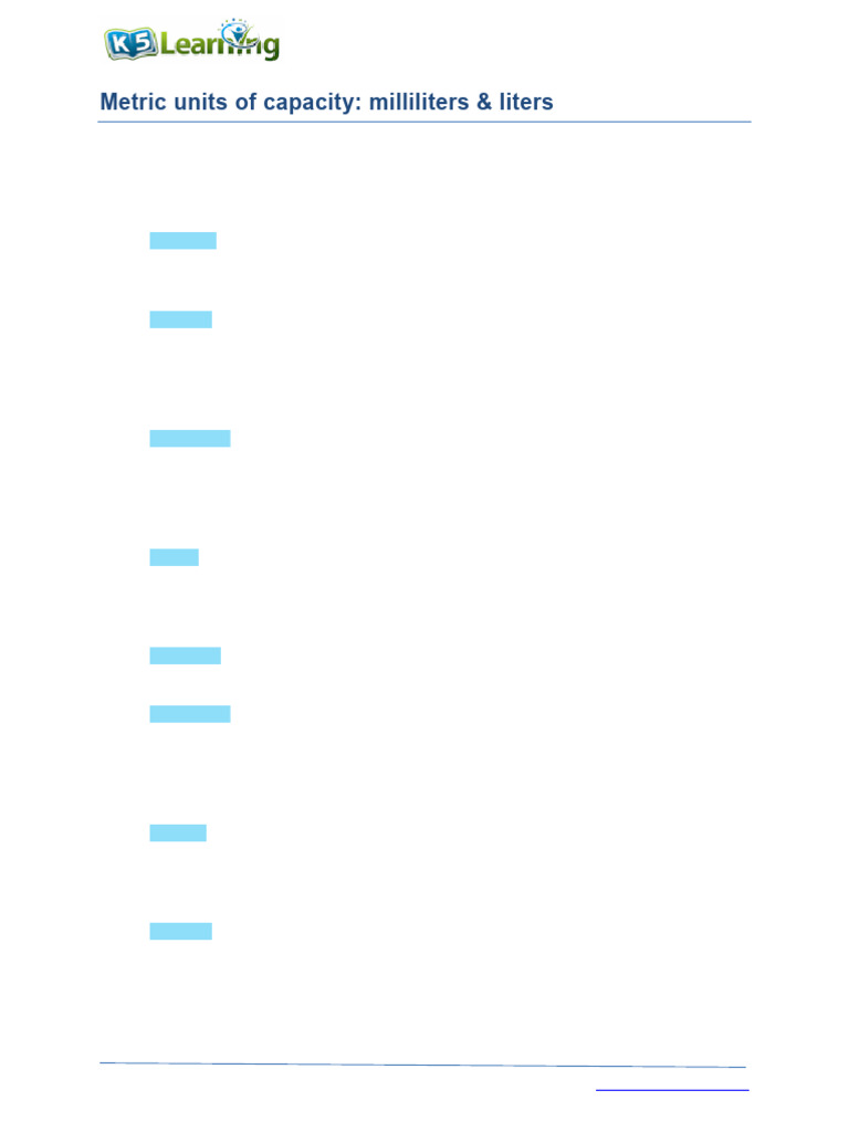 Metric Capacity Worksheet for Grade 4 | PDF