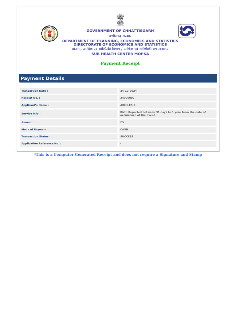 Receipt #24000002 BIRTH | PDF