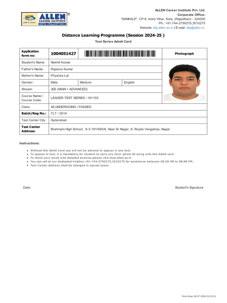 Allen DLP Admit Card | PDF