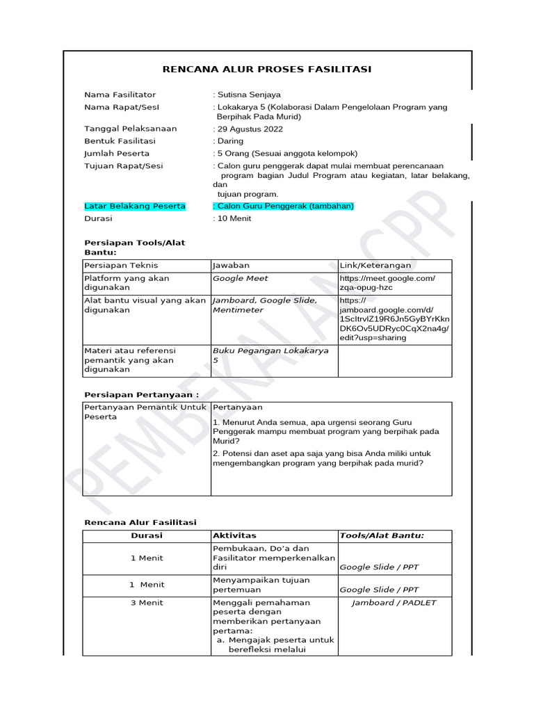 M3. Contoh Rencana Alur Proses Fasilitasi Daring | PDF | Karier ...