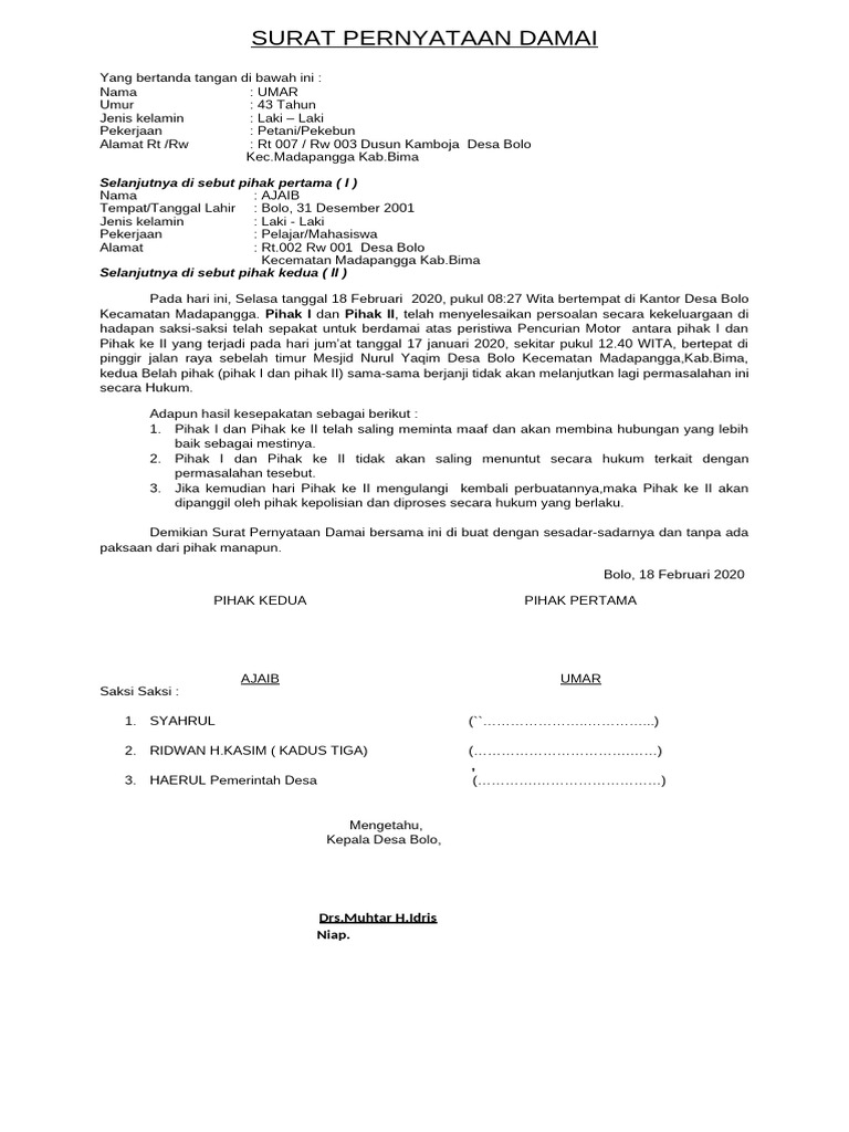 Surat Pernyataan Damai | PDF