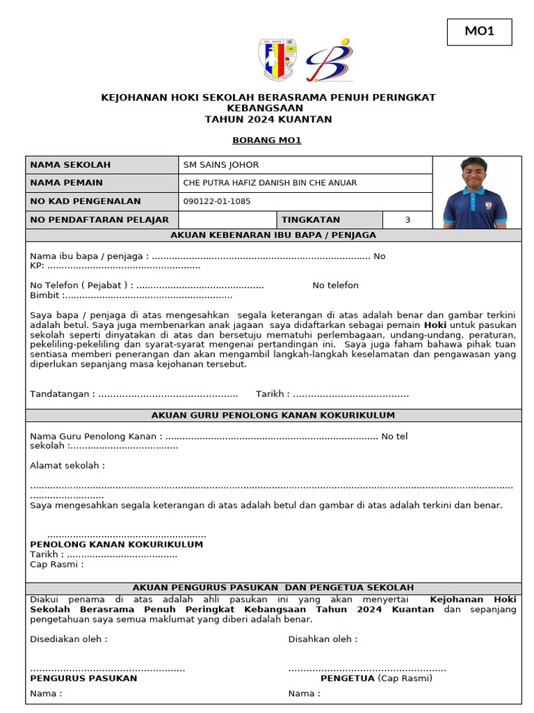 Borang MO1 Dan MO2 Pusingan Kelayakan Kej Hoki L SBP Johor 2024 | PDF