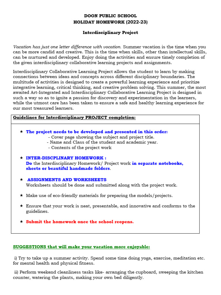 Class 5 Summer Vacation Project Guide | PDF | Interdisciplinarity ...