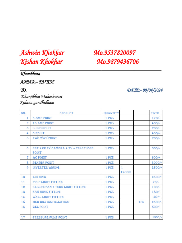 Ashwin Khokhar Electric Quotation | PDF | Science & Mathematics