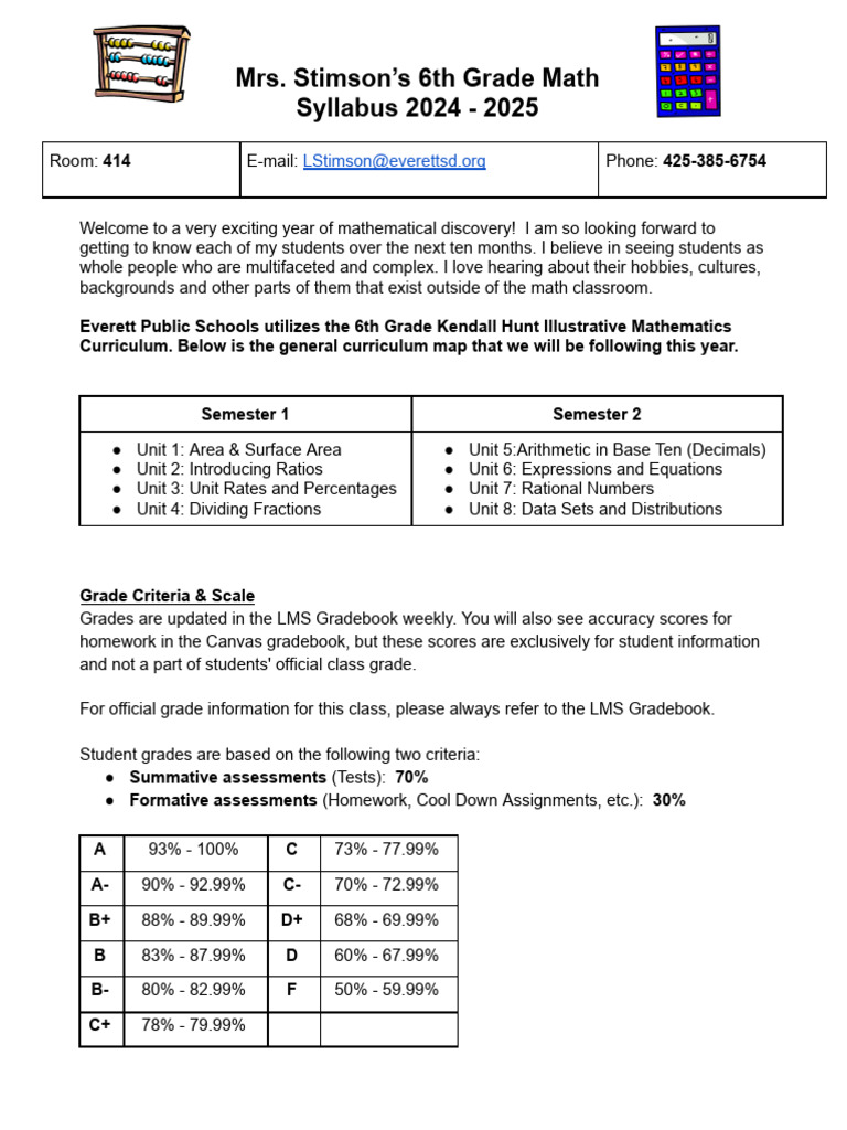 6th Grade Math Syllabus 2024-2025 | PDF | Educational Assessment | Homework