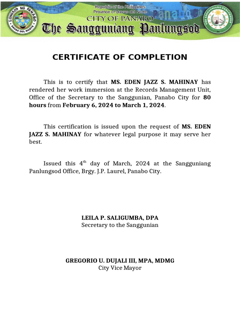 Work Immersion Completion Certs | PDF