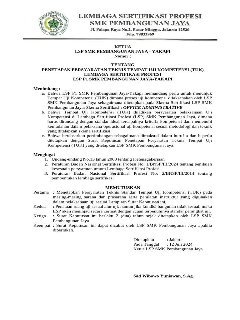 Persyaratan TUK LSP SMK Pembangunan Jaya | PDF