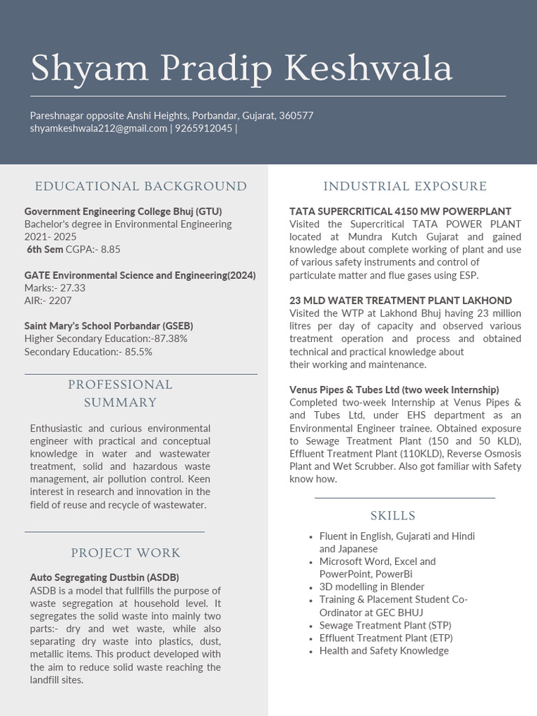Shyam Keshwala Resume | PDF | Waste | Sewage Treatment